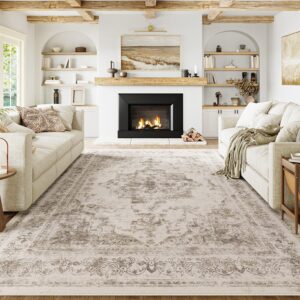 purecozy vintage area rug 8x10 indoor bedroom rug taupe medallion washable living room carpet retro accent throw rug distressed rug for office dining room nursery