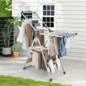 Tangkula Collapsible Clothes Drying Rack, 2-Layer Space-Saving Aluminum Drying Rack w/Adjustable Wings, Folding Laundry Drying Rack for Indoor & Outdoor Use