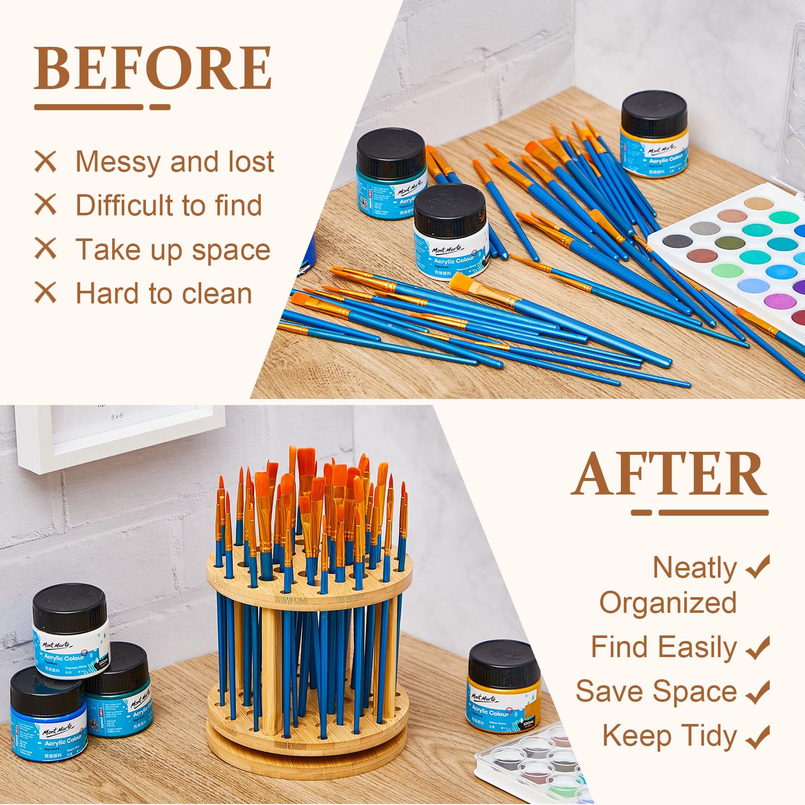 Beeveer 2 Pieces 360 Rotating Paint Brush Holder 40 Holes Wooden Paint Brush Organizer Large Capacity Paint Brush Holder for Artist Paint Brush Storage for Desk Arts Crafts Supply Organizer