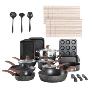 30 piece pots and pans set non stick, granite induction cookware sets, nonstick kitchen cookware sets, non toxic cookware set with frying pans and saucepan, kitchen pots and pans set, black