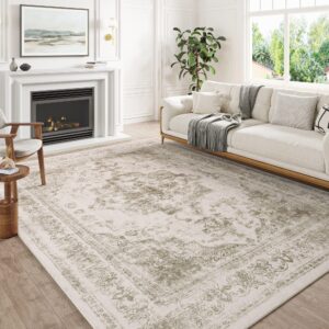 PureCozy Vintage Area Rug 8x10 Indoor Bedroom Rug Taupe Medallion Washable Living Room Carpet Retro Accent Throw Rug Distressed Rug for Office Dining Room Nursery