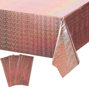 3pcs iridescence plastic tablecloths shiny disposable laser rectangle table covers holographic foil tablecloth iridescent party decoration birthday bridal wedding christmas 54" x 108", rose gold