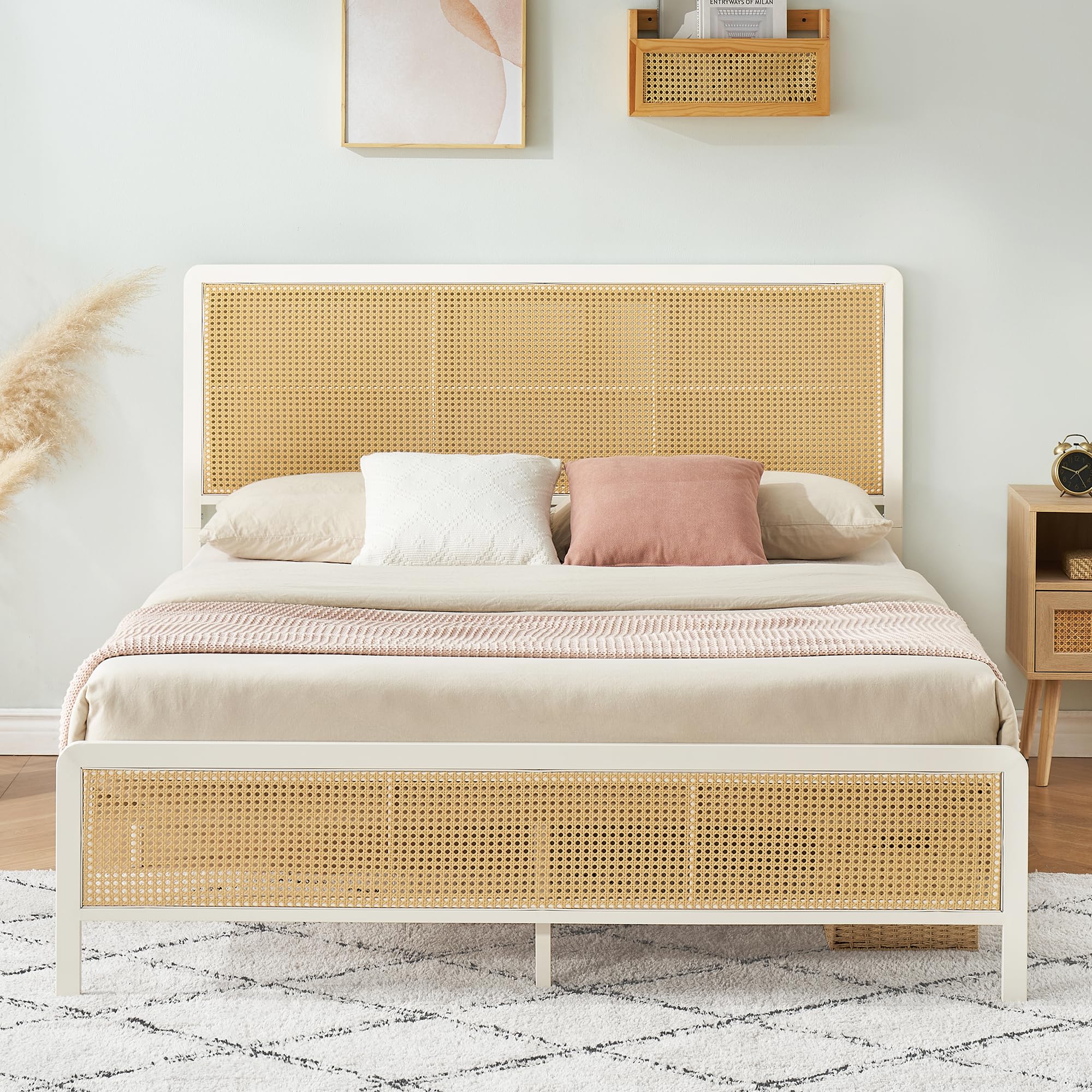 GAOMON Full Size Rattan Bed Frame with Headboard, Modern Style Cane Boho Bed Frames with Heavy Duty Sturdy Steel Slat Support, No Box Spring Needed, White