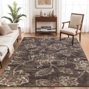 superior indoor large area rug for hallways, entry, office, living/bedroom, hardwood, tile, floor cover, plush carpet cover, modern farmhouse floral decor, jacobean collection, 5' x 8', chocolate