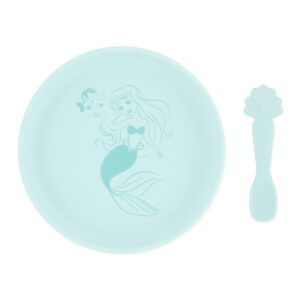 bumkins disney baby and toddler plate and spoon set, silicone dish for babies and kids, baby led weaning, children feeding supplies, microwave safe, platinum silicone, ages 6 months up, princess ariel