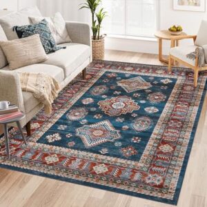 rugsreal 5x7 rug washable rug indoor non-slip stain resistant large area rug for living room throw carpet medallion distressed rug oriental accent rug for bedroom office nursery, blue