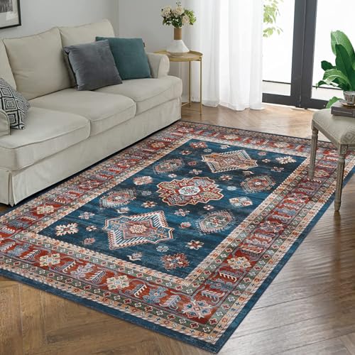 RUGSREAL 5x7 Rug Washable Rug Indoor Non-Slip Stain Resistant Large Area Rug for Living Room Throw Carpet Medallion Distressed Rug Oriental Accent Rug for Bedroom Office Nursery, Blue