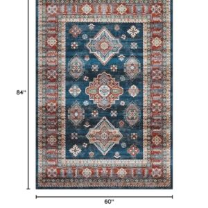 RUGSREAL 5x7 Rug Washable Rug Indoor Non-Slip Stain Resistant Large Area Rug for Living Room Throw Carpet Medallion Distressed Rug Oriental Accent Rug for Bedroom Office Nursery, Blue