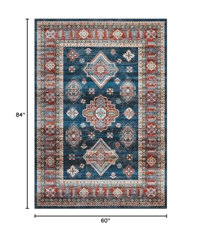 RUGSREAL 5x7 Rug Washable Rug Indoor Non-Slip Stain Resistant Large Area Rug for Living Room Throw Carpet Medallion Distressed Rug Oriental Accent Rug for Bedroom Office Nursery, Blue