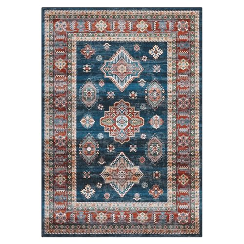 RUGSREAL 5x7 Rug Washable Rug Indoor Non-Slip Stain Resistant Large Area Rug for Living Room Throw Carpet Medallion Distressed Rug Oriental Accent Rug for Bedroom Office Nursery, Blue