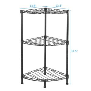 Volowoo Metal Corner Shelf Wire Shelving Unit, 3-Tier Corner Wire Shelf for Kitchen, Bathroom,Garage, Kitchen, Office and More, Fan-Shape, Chrome,Black