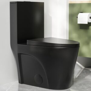 deervalley elongated one piece toilet, 17.32'' comfortable seat height ada toilet with soft close seat, dual flush toilet with high efficiency 1.1/1.6 gpf, matte black skirted toilet 12'' rough-in