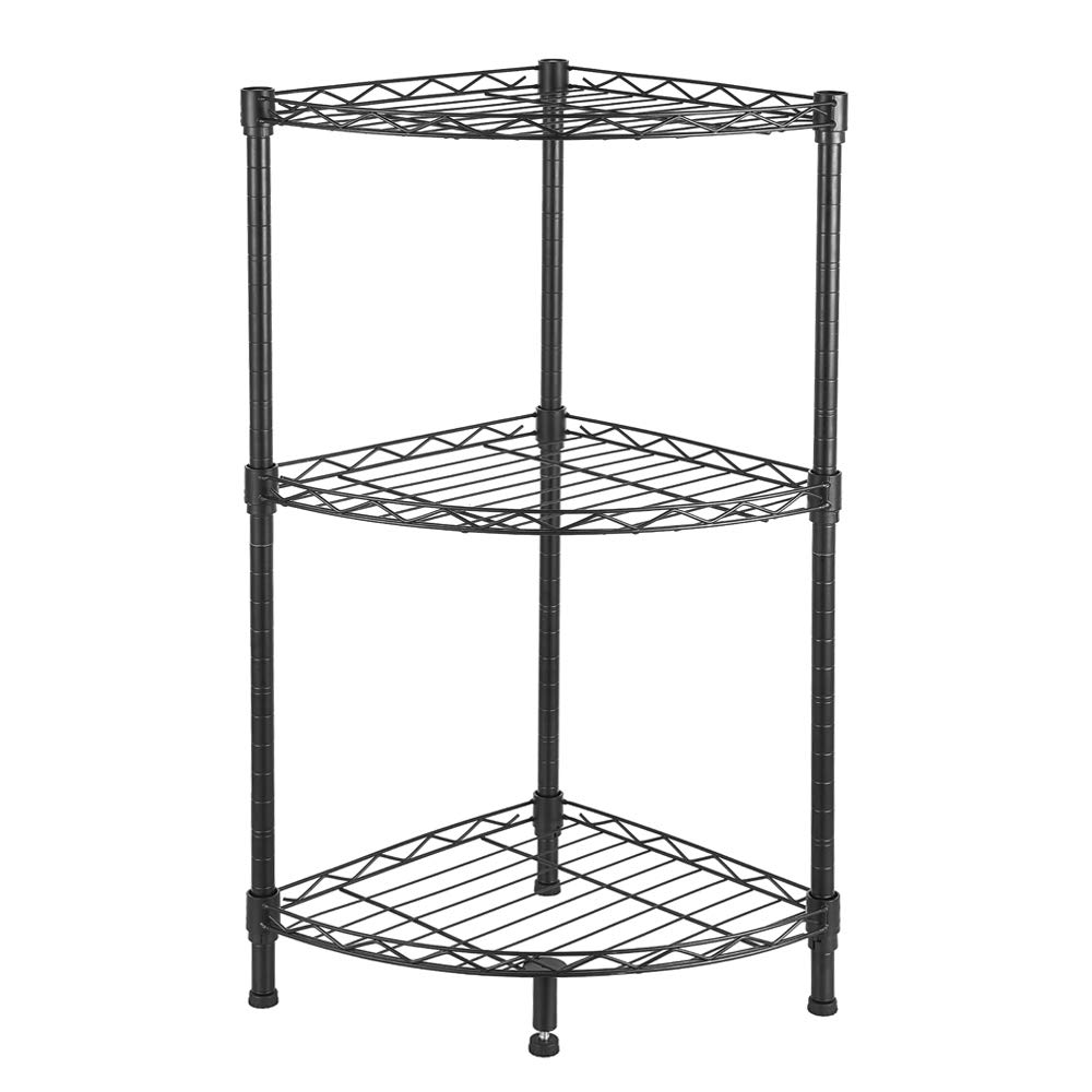 Volowoo Metal Corner Shelf Wire Shelving Unit, 3-Tier Corner Wire Shelf for Kitchen, Bathroom,Garage, Kitchen, Office and More, Fan-Shape, Chrome,Black