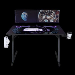 ELECWISH Gaming Desk S-001 Tempered Glass Desktop RGB Lighting, LED Light Computer Desk for Gamer