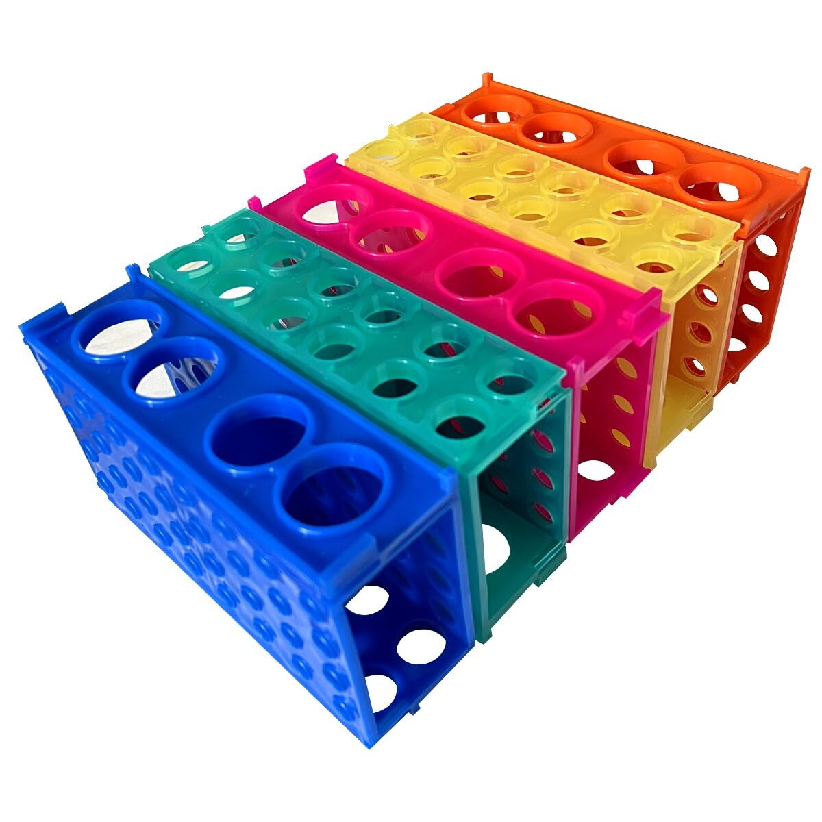 4-Way Plastic Test Tube Rack,Test Tube Holder with 5 Different Colors（Blue,Yellow,Orange,Pink,Green),Pack of 5