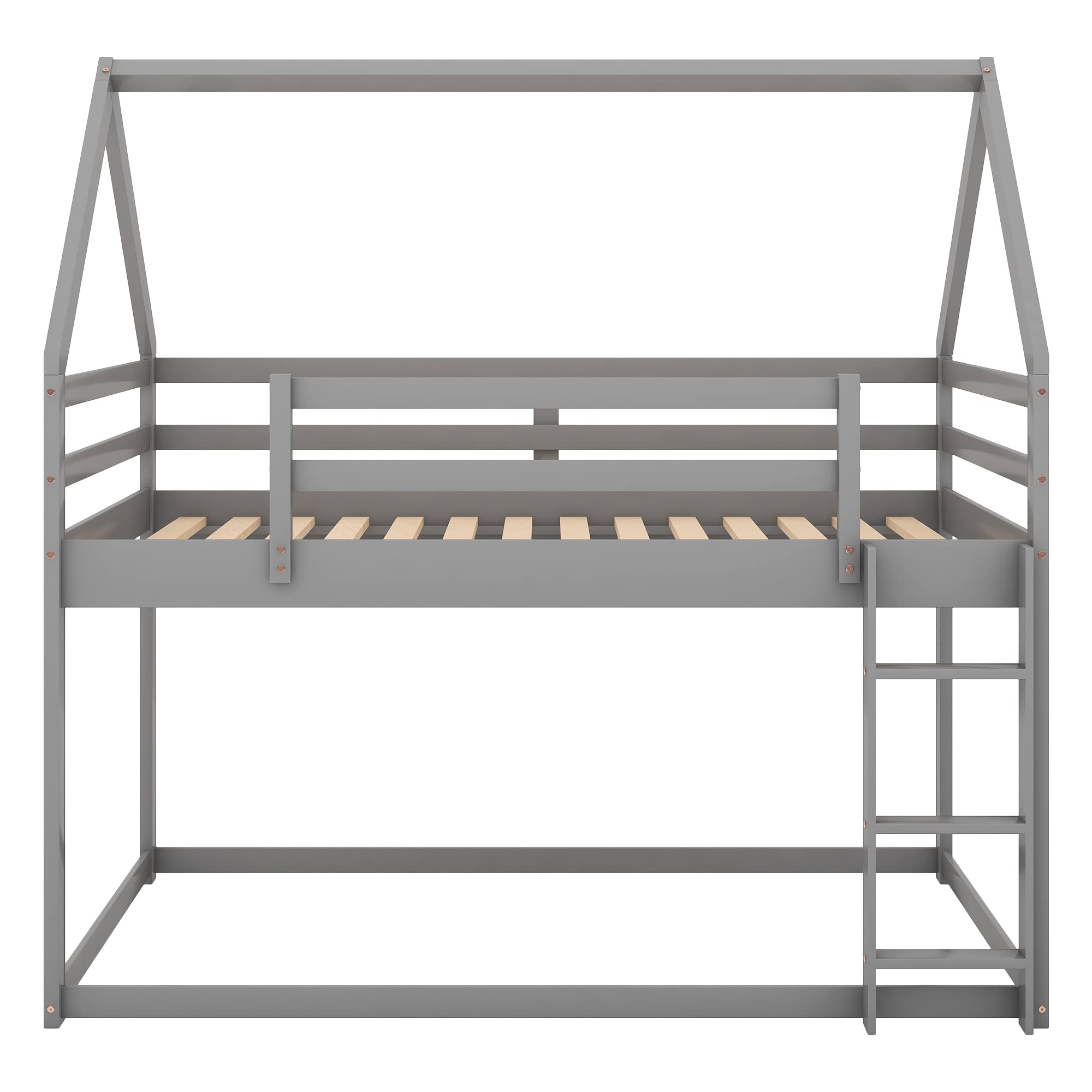 LostCat Bunk Bed Twin Over Twin, Wood Twin Size House Floor Bunk Beds w/Safety Guardrail & Ladder, Space Saving Design, No Box Spring Needed, Gray