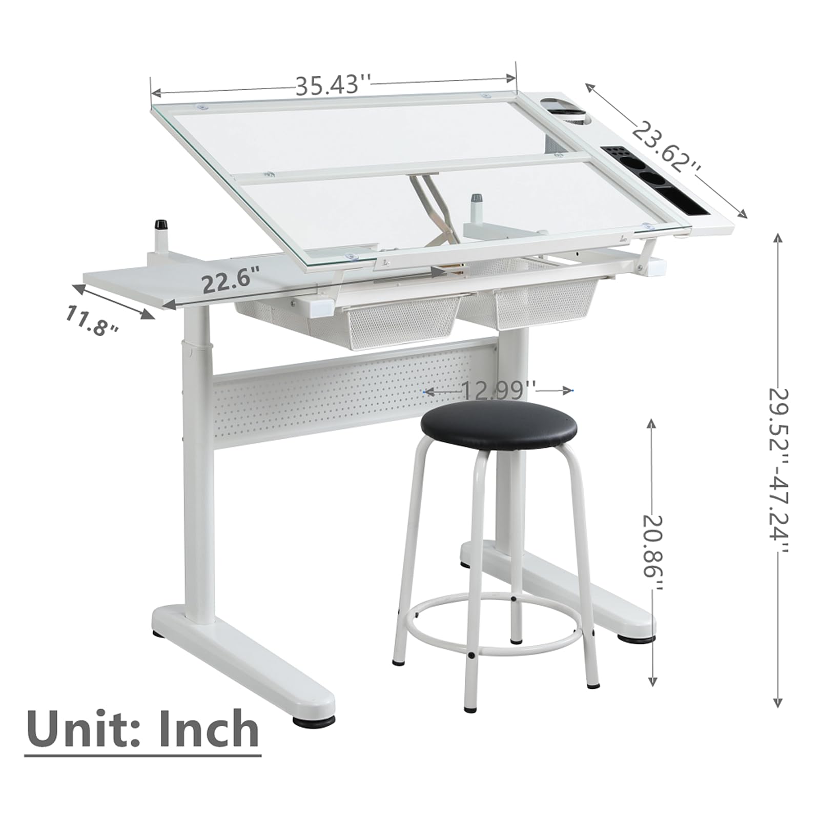 Gagawin Glass Drafting Table, Adjustable Height Drawing Table, Upgraded Hand Crank Artist Table with Stool for Home Office, Tilting Art Craft Desk w/2 Storage Drawers and Side Table, White