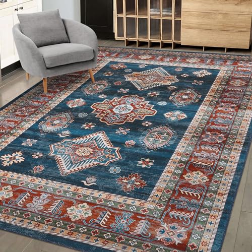 RUGSREAL 5x7 Rug Washable Rug Indoor Non-Slip Stain Resistant Large Area Rug for Living Room Throw Carpet Medallion Distressed Rug Oriental Accent Rug for Bedroom Office Nursery, Blue