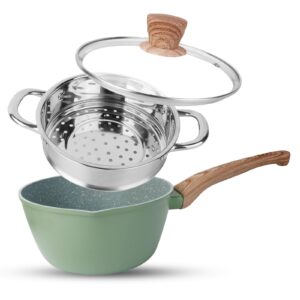 innerwell nonstick sauce pan with lid, 2.5qt,small saucepan with steamer, wooden cooling handle,induction compatible, pfoa/pfas free,(green）