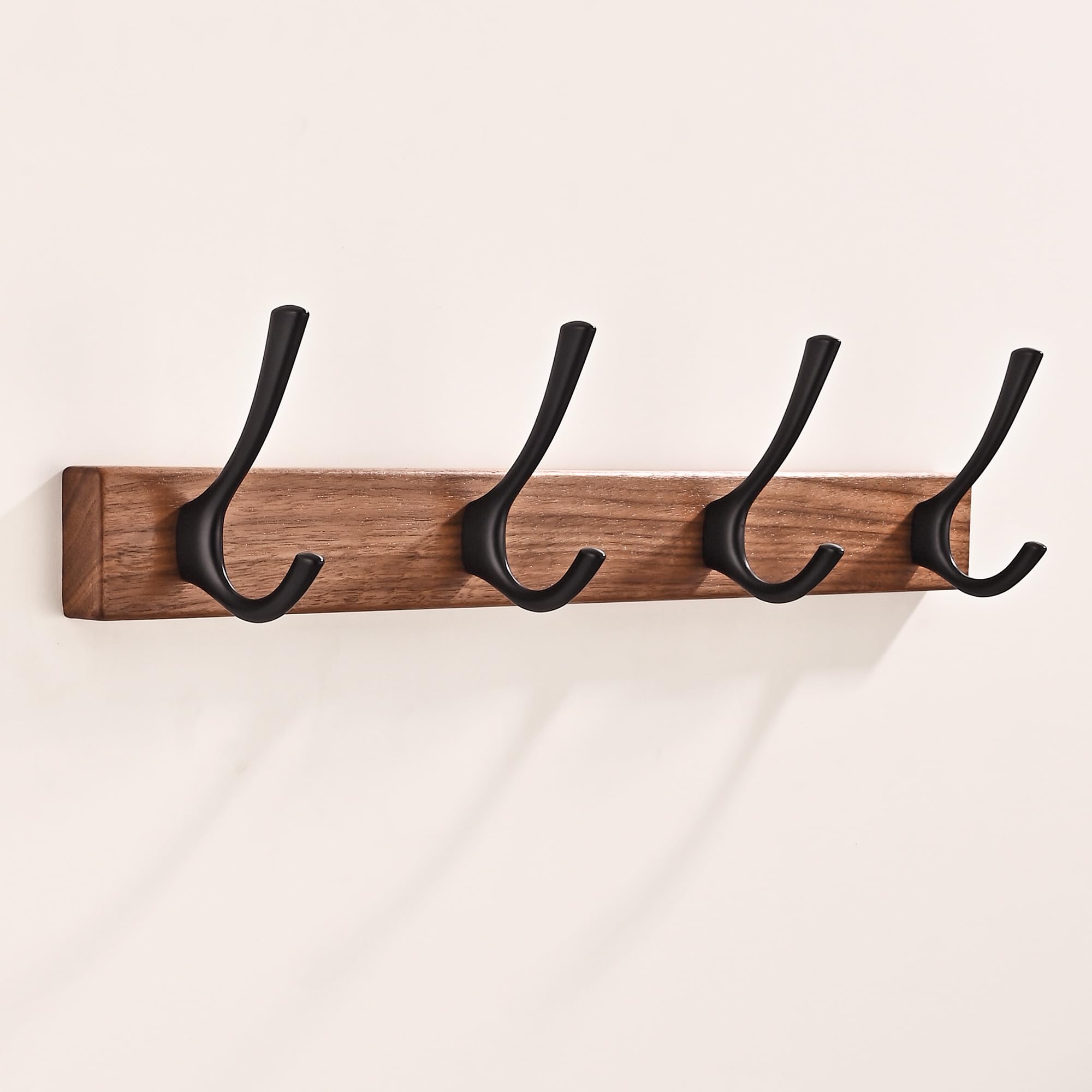 LECHYN 17.3" Small Walnut Wood Coat Rack Wall Mount with 4 Hooks, Heavy Duty Wooden Jacket Hanger Door Mounted for Decorative Entryway and Bathroom Hanging Towel Backpack Purse Clothes Hat Key Black