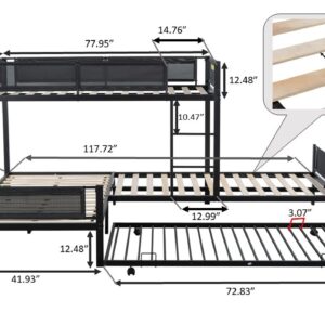 Tmsan Metal Triple Bunk Bed with Trundle for Kids, L Shaped Twin Over 2 Twin 3 Bunk Beds Heavy Duty Quad Bunk Beds for 4 Teens Adults Toddlers