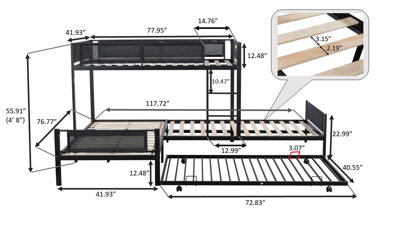 Tmsan Metal Triple Bunk Bed with Trundle for Kids, L Shaped Twin Over 2 Twin 3 Bunk Beds Heavy Duty Quad Bunk Beds for 4 Teens Adults Toddlers