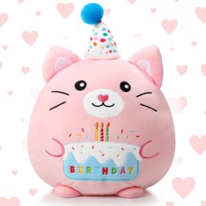 leyndo 16 inch birthday stuffed animals birthday cat plush throw pillow cute stuffed kitten plushie soft cat plush pillow for kids adults birthday party favor gift sofa bedroom decorations