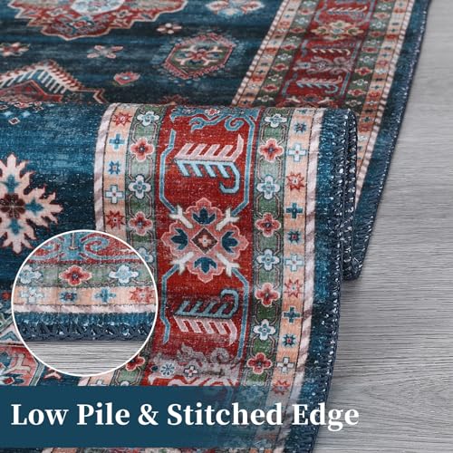 RUGSREAL 5x7 Rug Washable Rug Indoor Non-Slip Stain Resistant Large Area Rug for Living Room Throw Carpet Medallion Distressed Rug Oriental Accent Rug for Bedroom Office Nursery, Blue