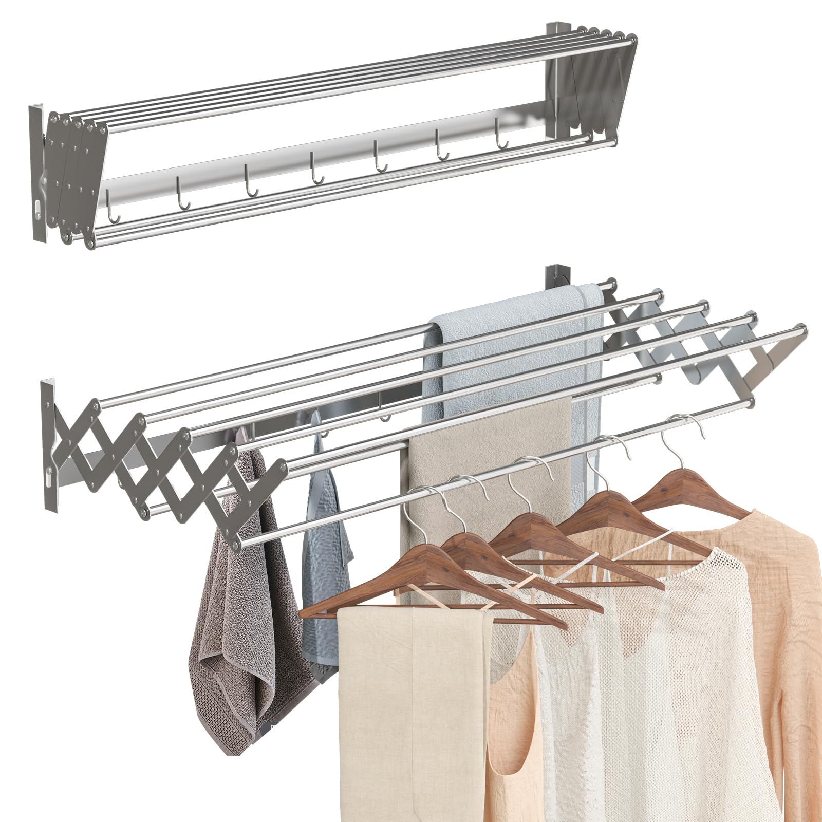 LVETOLS Wall Mounted Drying Racks, Large 31.5" Stainless Steel Wall Retractable Drying Rack for Laundry，7 Rods Wall Collapsible Clothes Drying Rack, Wall Pull Down Drying Rack Load-Bearing 60 lbs