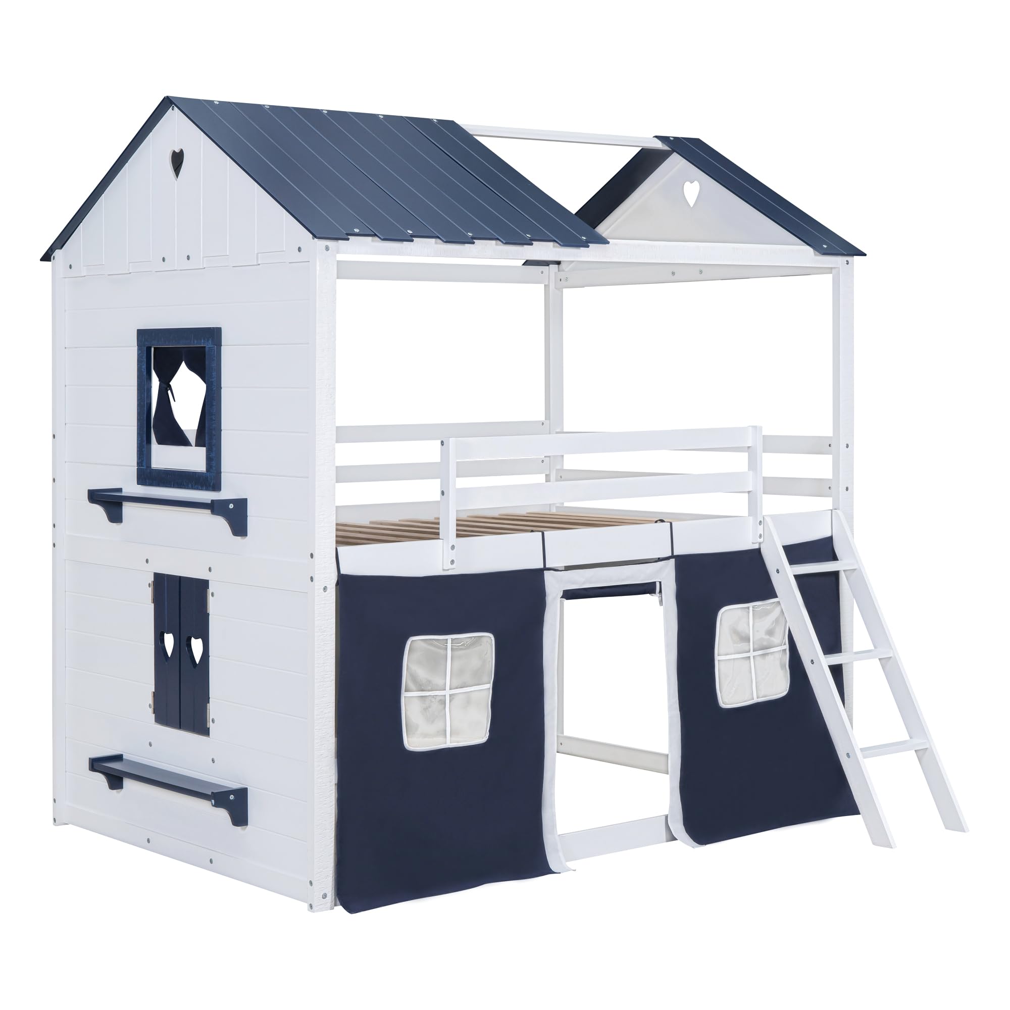 Harper & Bright Designs House Twin Loft Bunk Bed with Tent, Kids Loft Bed with Ladders,Guardrail, Windows and Roof, Wood Twin Over Twin Playhouse Bunk Bed for Kids Teens Boys & Girls (Blue & White)