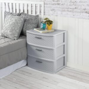 3 Drawer Wide Plastic Weave Tower with Pull Handles,Decorative Storage Drawers for Bedroom, Closet, Office, Cement, 1-Pack