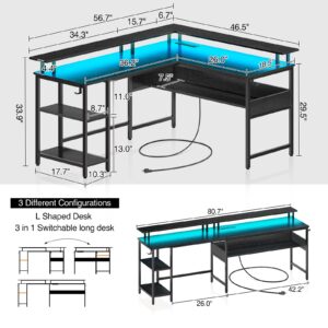 Rolanstar Computer Desk L Shaped 56.7" with LED Lights and Power Outlets, Reversible L Shaped Gaming Desk with Monitor Stand, Home Office Desk with Storage, Desk with USB Port and Hook, Black