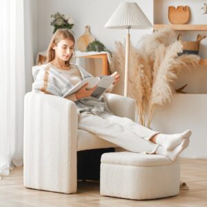 COLAMY Upholstered Sherpa Barrel Accent Chair with Storage Ottoman, Morden Living Room Side Chair, Single Sofa Armchair with Lounge Seat for Bedroom/Office/Reading Spaces, Cream