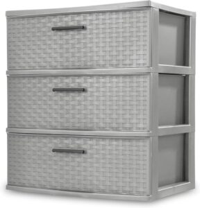 3 drawer wide plastic weave tower with pull handles,decorative storage drawers for bedroom, closet, office, cement, 1-pack