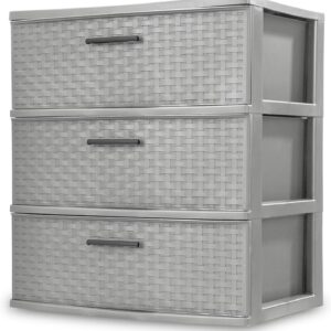 3 Drawer Wide Plastic Weave Tower with Pull Handles,Decorative Storage Drawers for Bedroom, Closet, Office, Cement, 1-Pack