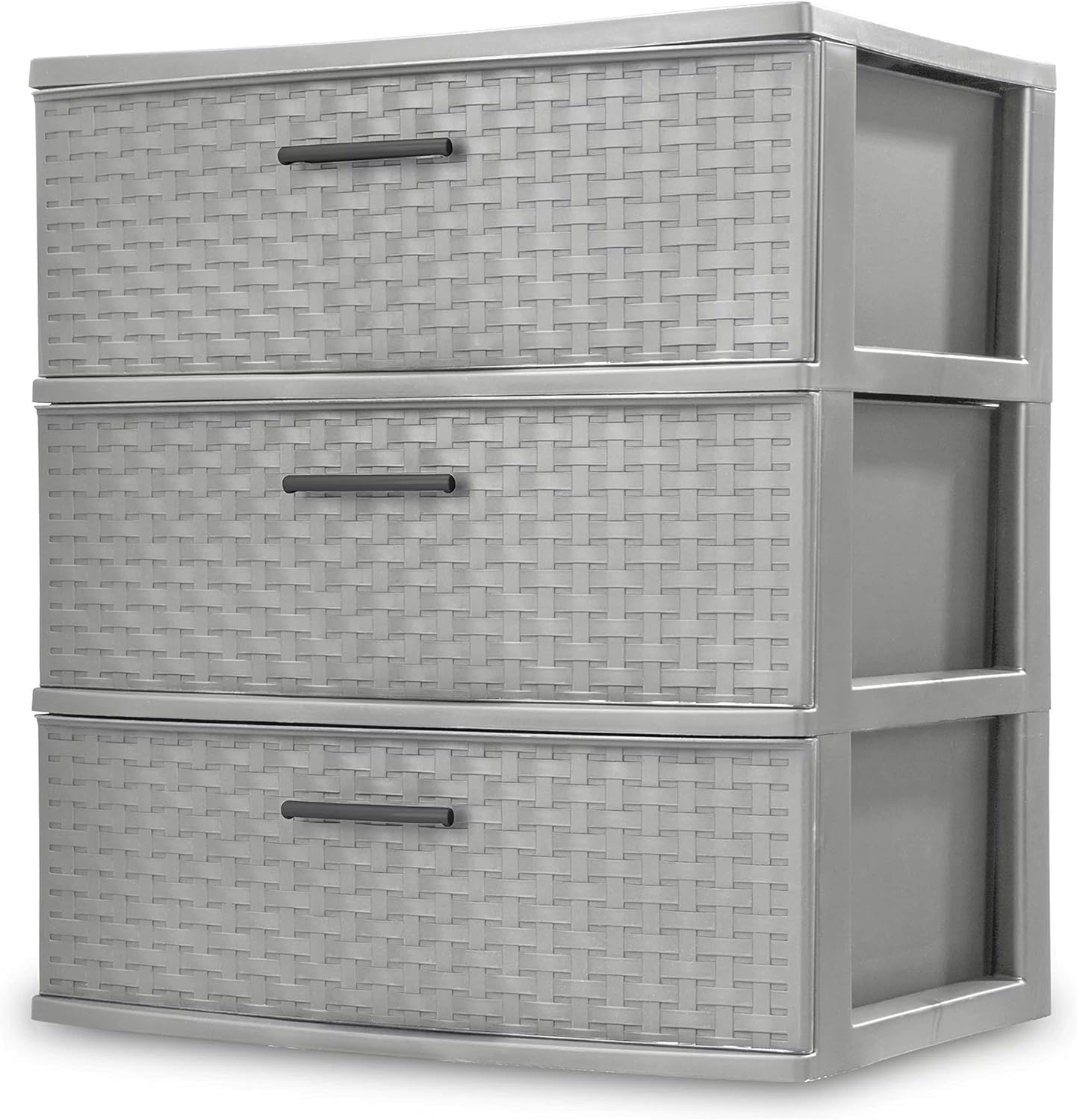 3 Drawer Wide Plastic Weave Tower with Pull Handles,Decorative Storage Drawers for Bedroom, Closet, Office, Cement, 1-Pack