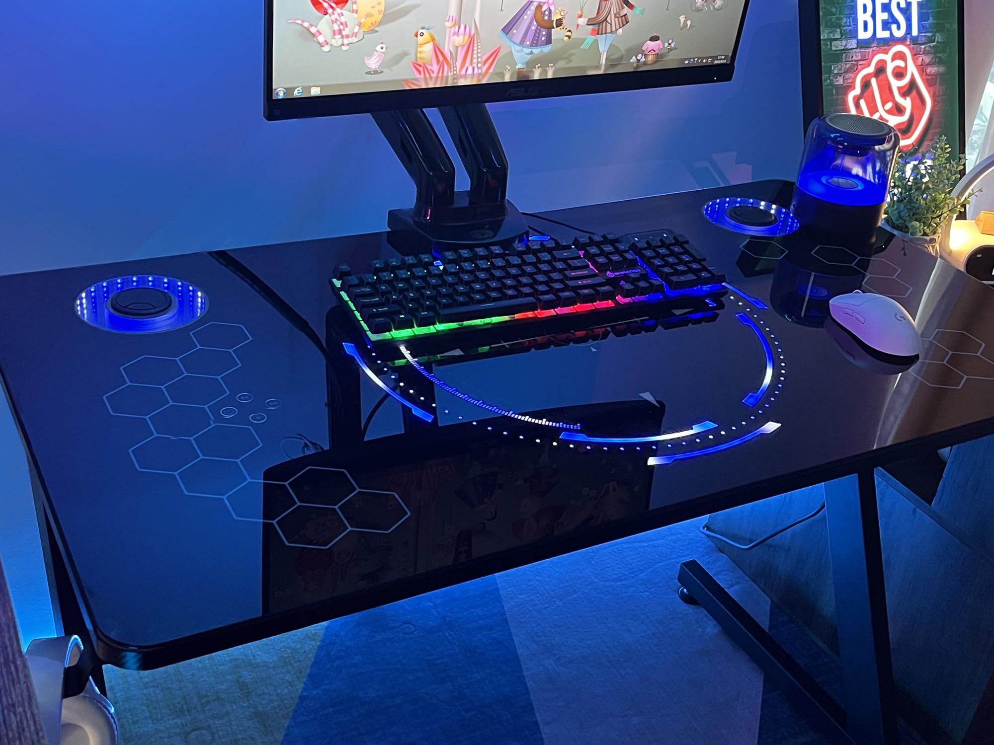 ELECWISH Gaming Desk S-001 Tempered Glass Desktop RGB Lighting, LED Light Computer Desk for Gamer