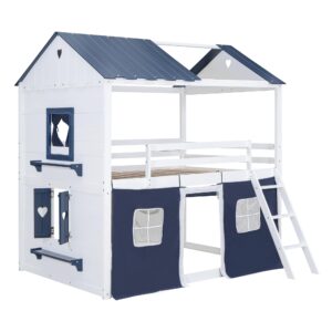 Harper & Bright Designs House Twin Loft Bunk Bed with Tent, Kids Loft Bed with Ladders,Guardrail, Windows and Roof, Wood Twin Over Twin Playhouse Bunk Bed for Kids Teens Boys & Girls (Blue & White)