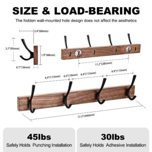 LECHYN 17.3" Small Walnut Wood Coat Rack Wall Mount with 4 Hooks, Heavy Duty Wooden Jacket Hanger Door Mounted for Decorative Entryway and Bathroom Hanging Towel Backpack Purse Clothes Hat Key Black