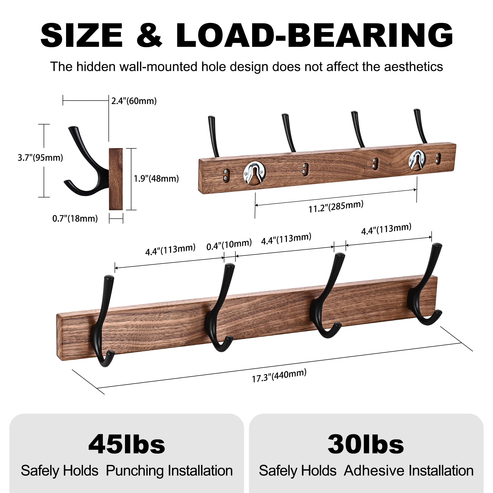 LECHYN 17.3" Small Walnut Wood Coat Rack Wall Mount with 4 Hooks, Heavy Duty Wooden Jacket Hanger Door Mounted for Decorative Entryway and Bathroom Hanging Towel Backpack Purse Clothes Hat Key Black