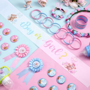 Capoda Boy or Girl Gender Reveal Sash Pink Blue Mom and Dad to Be Pins with Flower Crown Wristband 30 Team Boy Girl Button Pins and 30 Silicone Wristbands for Baby Shower (Bear)