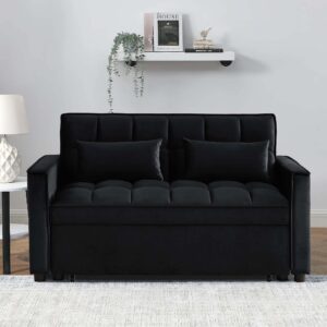 SumKea Convertible Sofa Bed, Pull Out Couch Loveseat 3-in-1 Multi-Functional Velvet Pull-Out Bed, 55'' Loveseat Chaise Lounge with Adjustable Backrest and Pillows, Black