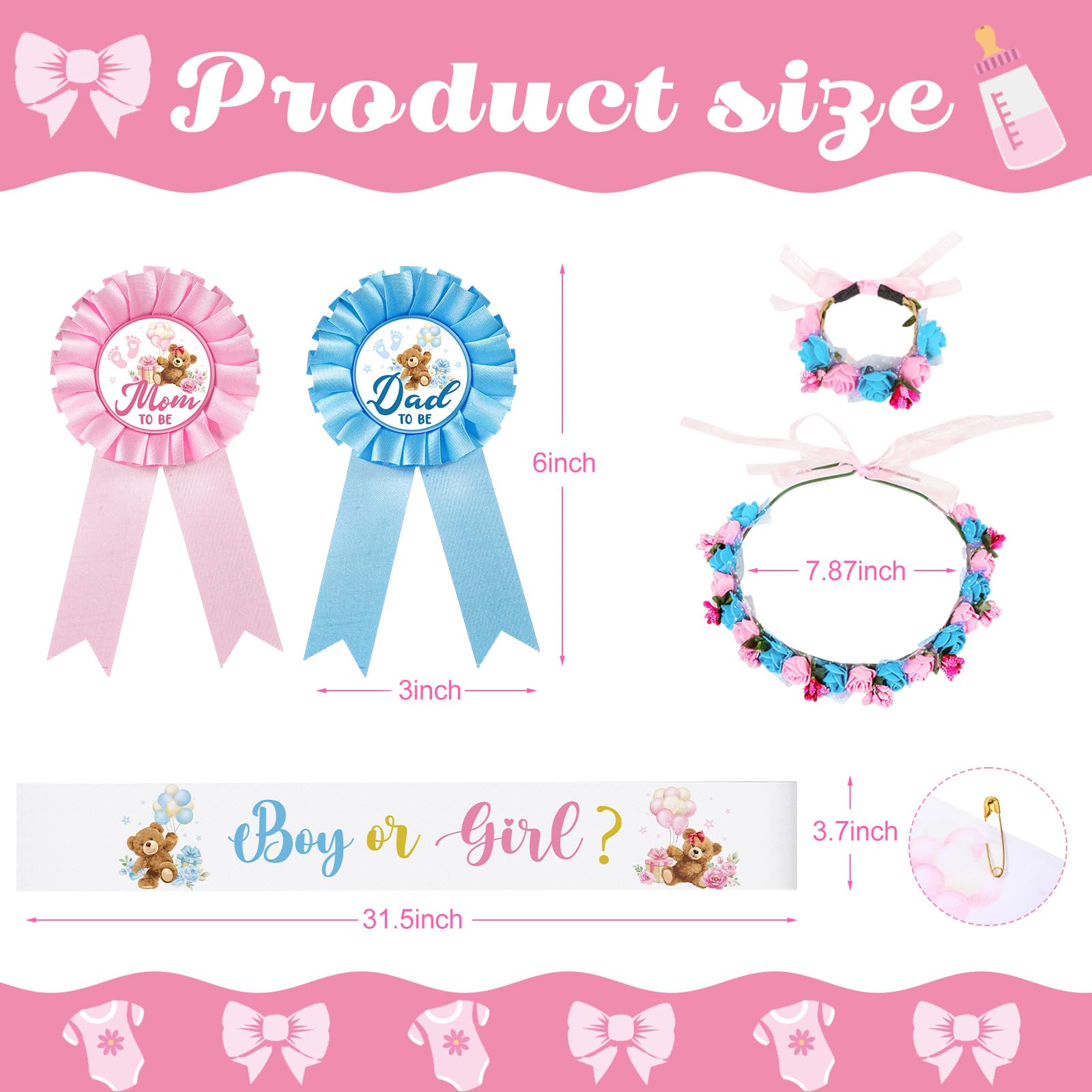 Capoda Boy or Girl Gender Reveal Sash Pink Blue Mom and Dad to Be Pins with Flower Crown Wristband 30 Team Boy Girl Button Pins and 30 Silicone Wristbands for Baby Shower (Bear)