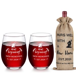 futtumy house warming gifts new home, stemless wine glass & wine bag gifts, housewarming gift for couples newlyweds men women friends, new home gifts ideas, new apartment gifts (2 glasses, 1 bag)