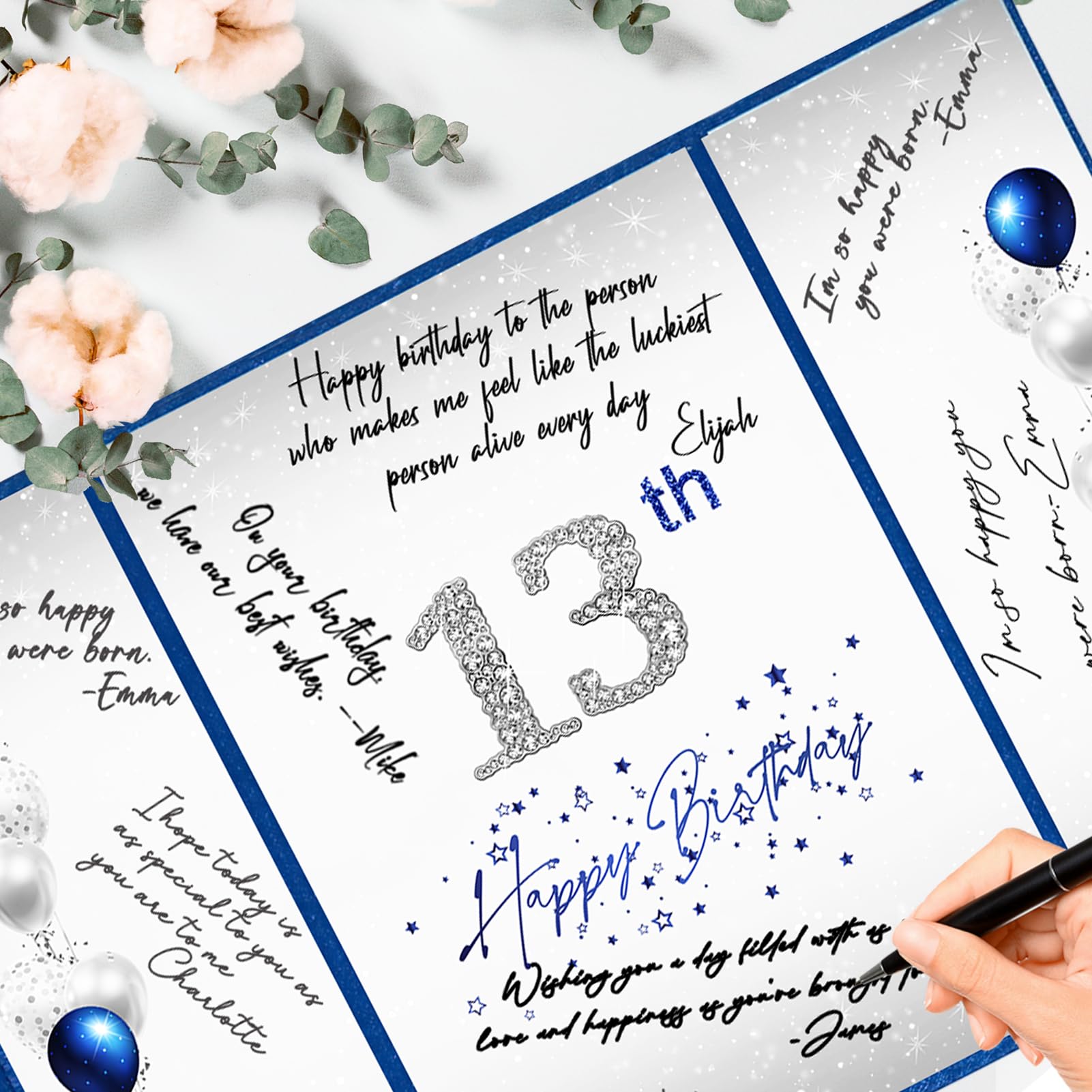 Crenics 13th Birthday Decorations for Boy or Girls, Creative 13th Birthday Guest Book Alternative, Blue and Silver 13 Birthday Signature Book 18 x 12 inch, Great 13 Birthday Gifts