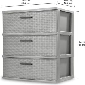 3 Drawer Wide Plastic Weave Tower with Pull Handles,Decorative Storage Drawers for Bedroom, Closet, Office, Cement, 1-Pack