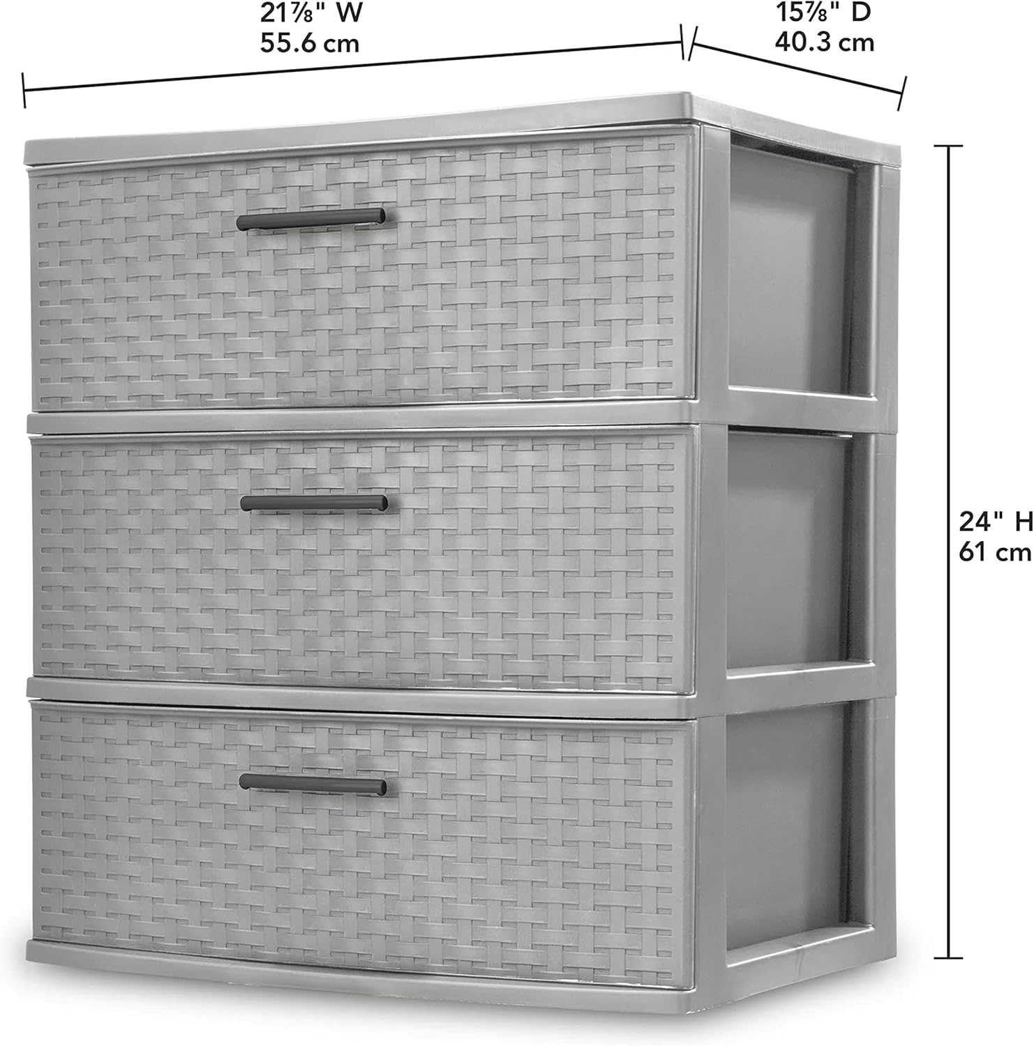 3 Drawer Wide Plastic Weave Tower with Pull Handles,Decorative Storage Drawers for Bedroom, Closet, Office, Cement, 1-Pack