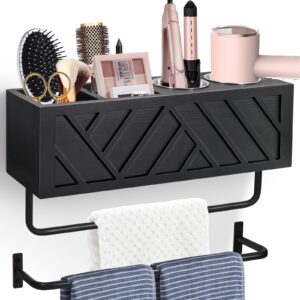 hair tool organizer wall mount, hair dryer holder with 2 towel bars, wood hot tools organizer, rustic bathroom organizer blow dryer holder for bathroom decor, flat iron, curling wand, brushes(black)