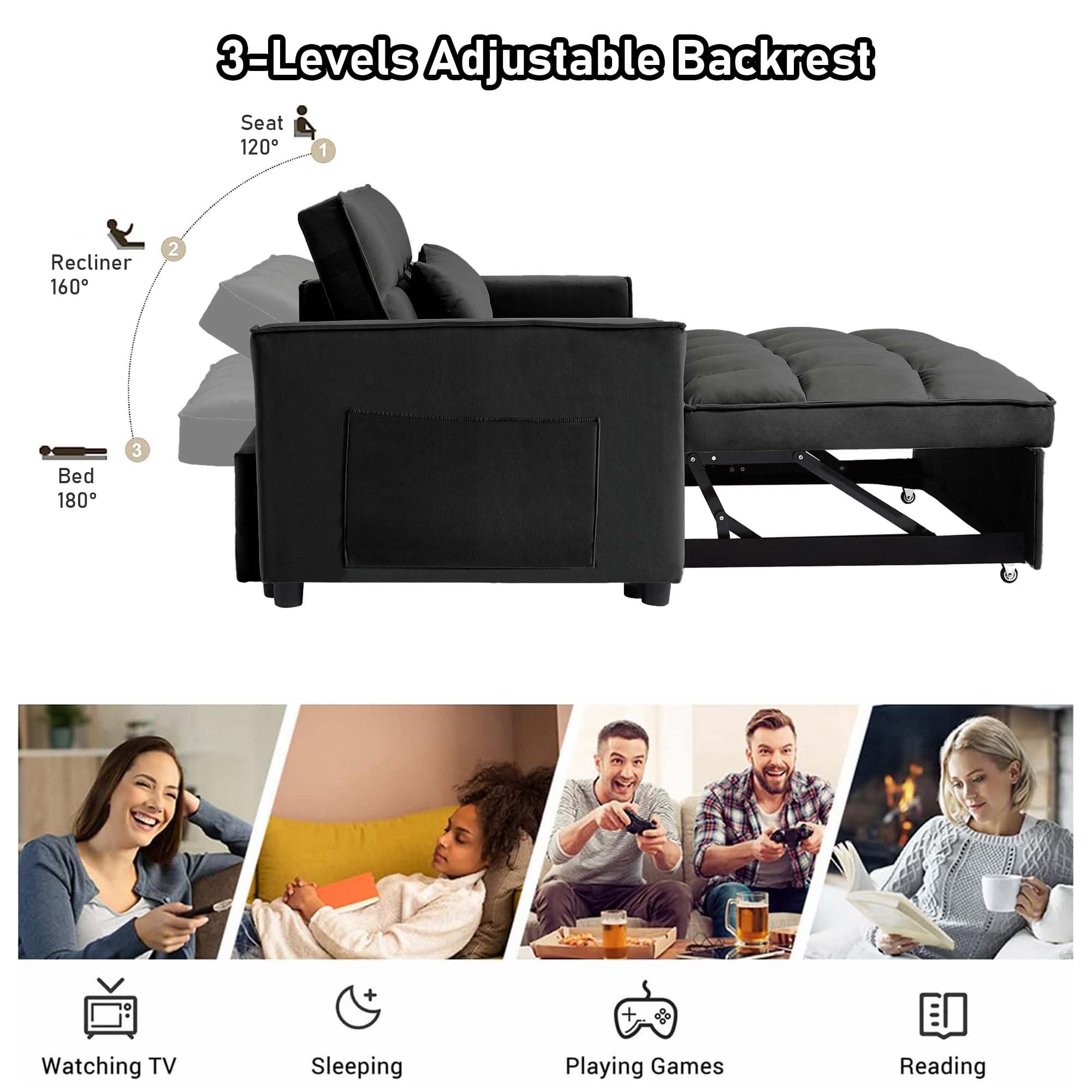 SumKea Convertible Sofa Bed, Pull Out Couch Loveseat 3-in-1 Multi-Functional Velvet Pull-Out Bed, 55'' Loveseat Chaise Lounge with Adjustable Backrest and Pillows, Black