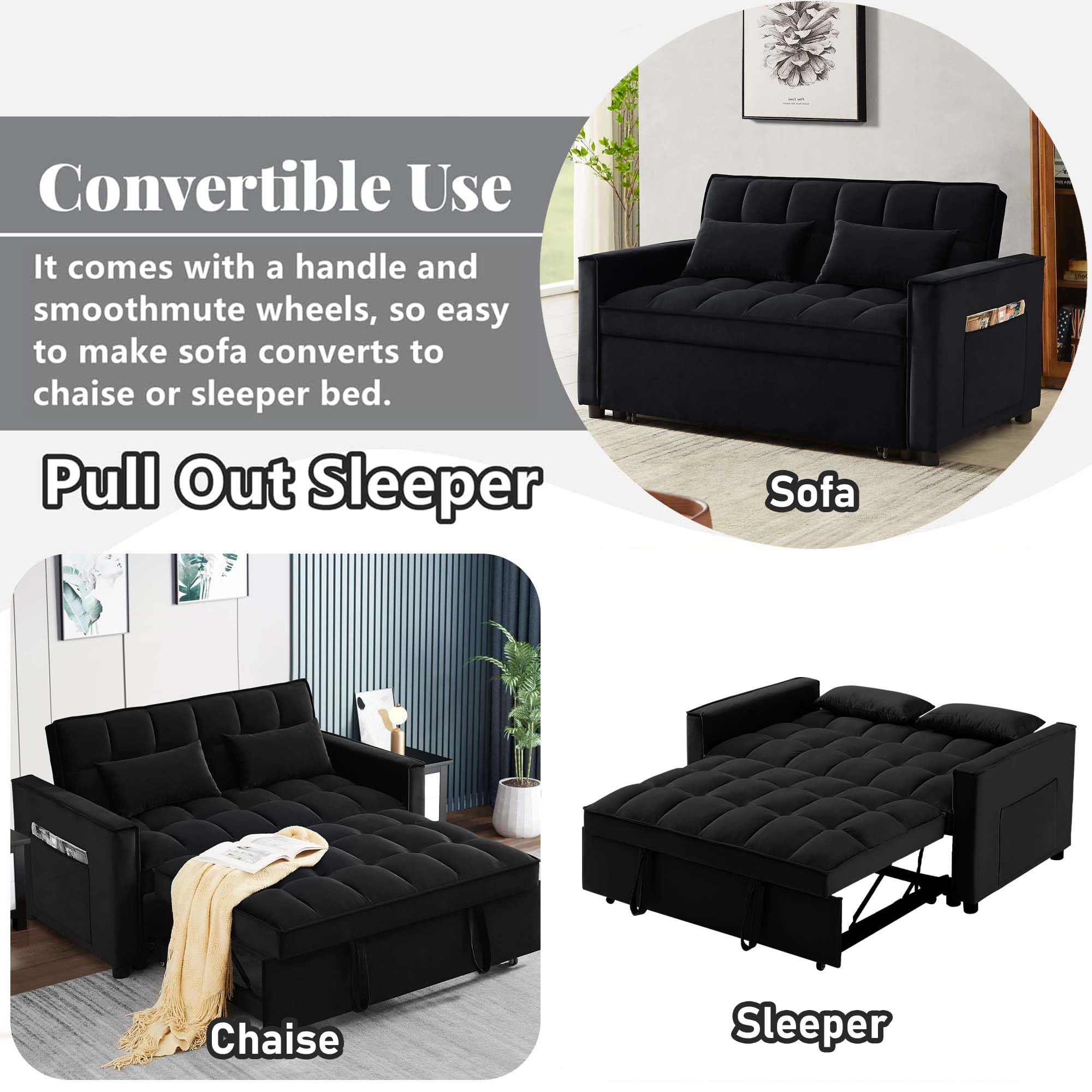 SumKea Convertible Sofa Bed, Pull Out Couch Loveseat 3-in-1 Multi-Functional Velvet Pull-Out Bed, 55'' Loveseat Chaise Lounge with Adjustable Backrest and Pillows, Black